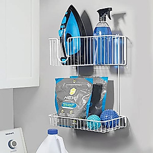 mDesign Metal Wire Wall Mount Laundry Room Storage Organizer, 2 Levels - Large Basket Holds Iron, Lower Shelf Holds Laundry Detergent, Fabric Softener, Stain Remover - White
