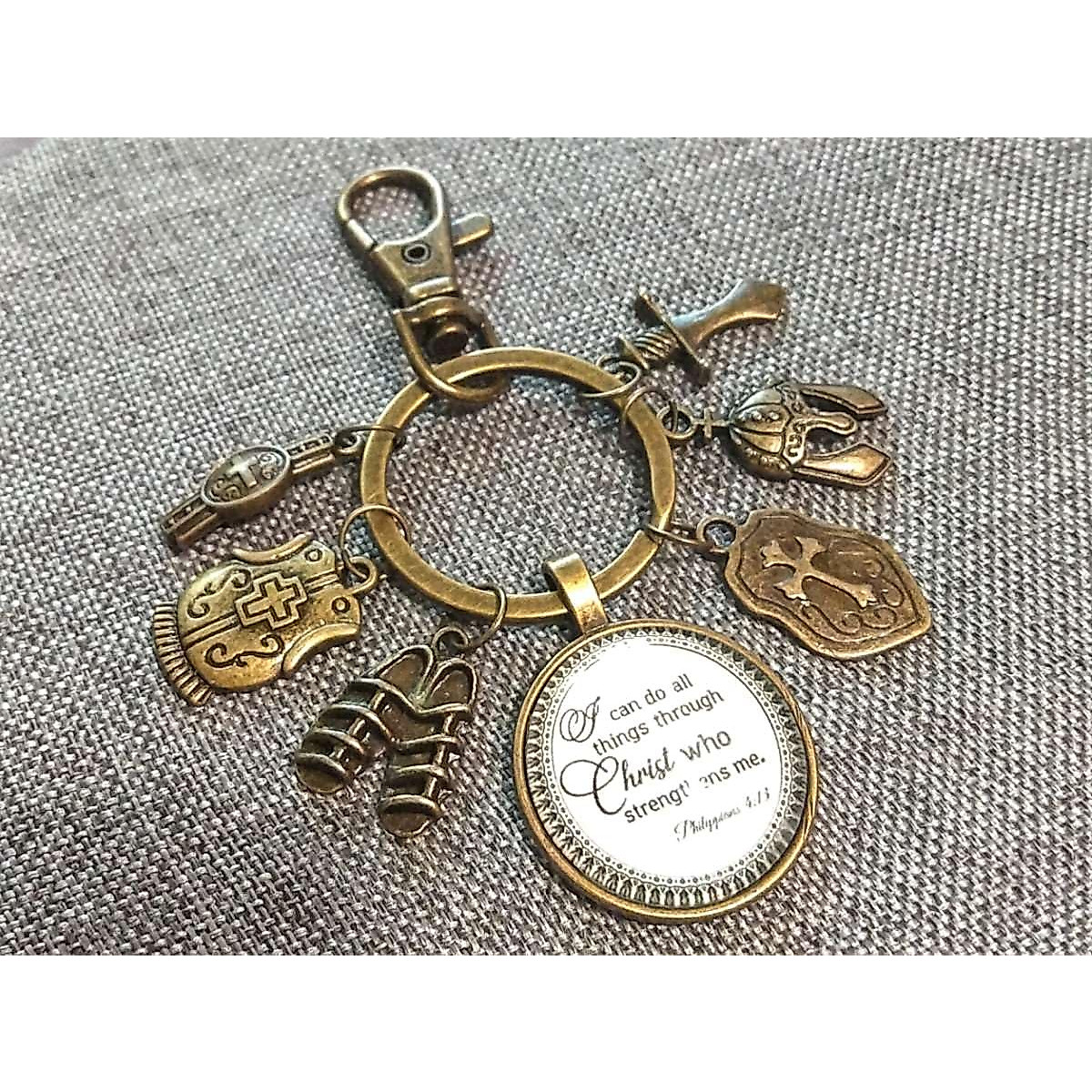 Unisex Christian Keychain, purse charm, zipper pull with I can do all things through Christ and Armor of God Tibetan Bronze Charms