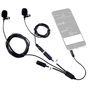 Movo Professional Lavalier Lapel Clip-on Interview Podcast Microphone with Secondary Mic and Headphone Monitoring Input for iPhone, iPad, Samsung, Android Smartphones, Tablets - Podcast Equipment