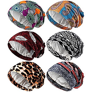 6 Pieces Satin Lined Sleep Cap for Women African Silk Bonnet Beanie for Sleeping Hair Natural Curly Hat (Elegant Patterns)