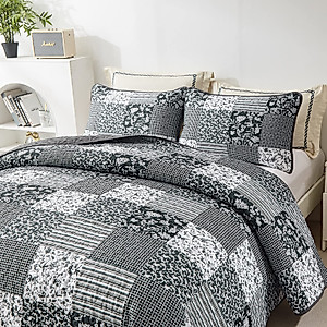 Mybedsoul Black Grey Boho Quilt Set California King Size,3 Pieces Plaid Floral Bedspread Coverlet Set for All Season,Patchwork Reversible Bedding Set 106"x 96"
