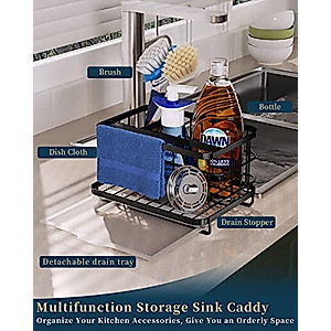 Consumest Sponge Holder Kitchen Sink Caddy Organizer, kitchen sink organizer with Drip Tray for Countertop, SUS304 Stainless Steel Rustproof Soap Sponge and Dish Brush Holder - Black