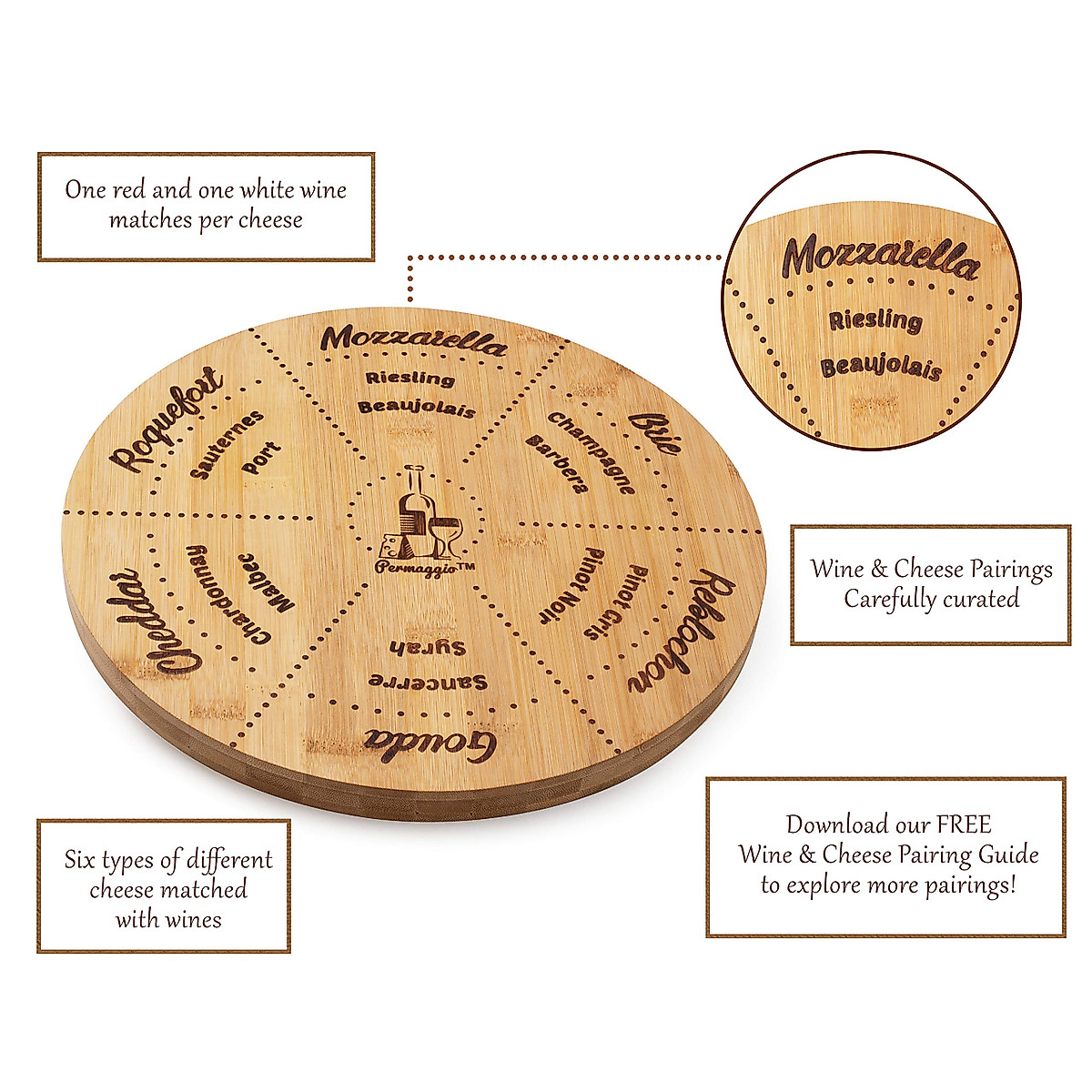 Permaggio Wine Pairing Cheese Board and Knife Set, Wine and Cheese Serving Set Lazy Susan Tray, 12.5" Natural Moso Bamboo Charcuterie Platter, Perfect Hostess Gift, Swivel Server Cheeseboard Gift Set