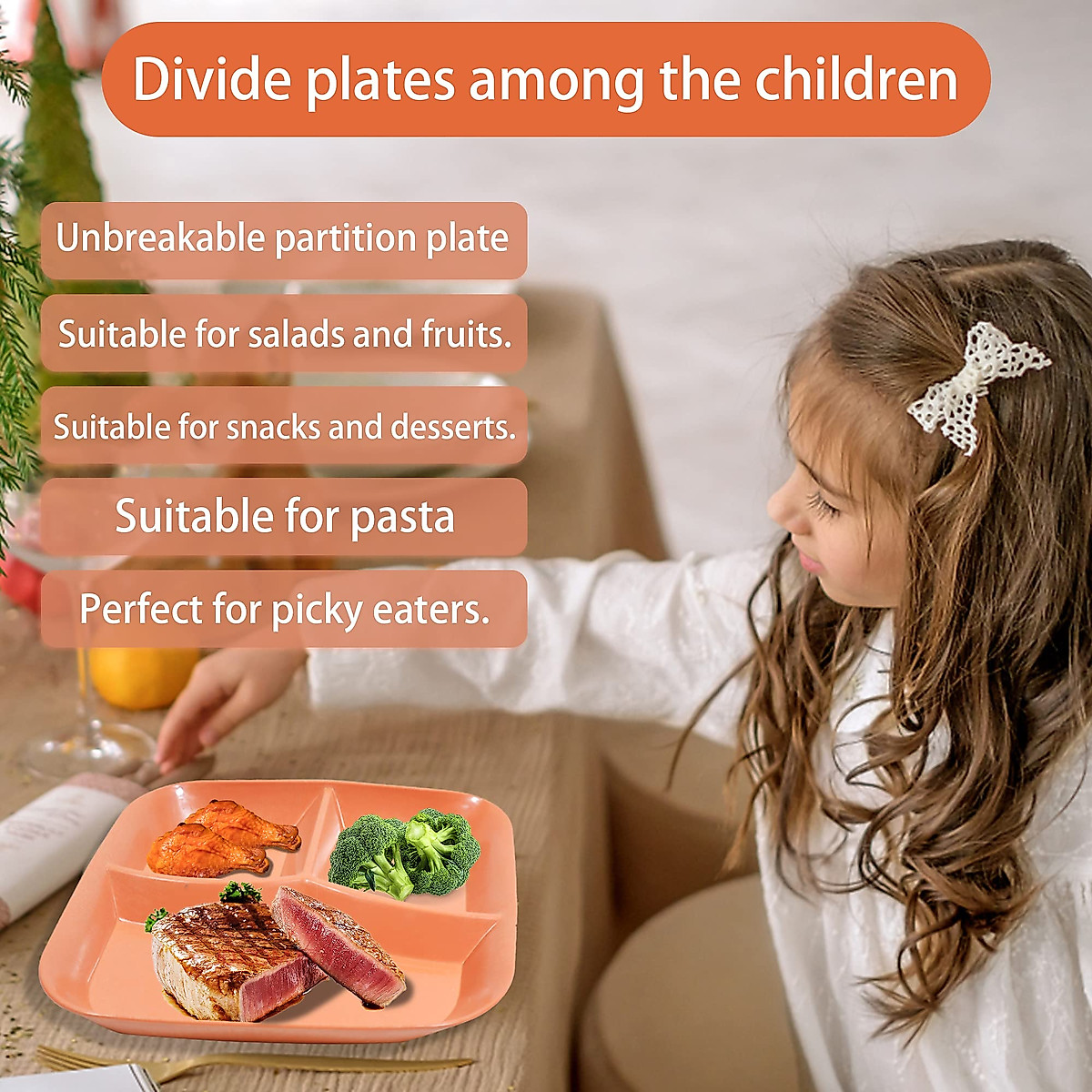 YUESHENGHAO 10 Inch Wheat Portion Control Dinner Plates, 5 Unbreakable Adult Separate Plates, 3 Compartment Square Kids Food Divider Plates Microwaveable, Great For Healthy Eating And Weight Loss