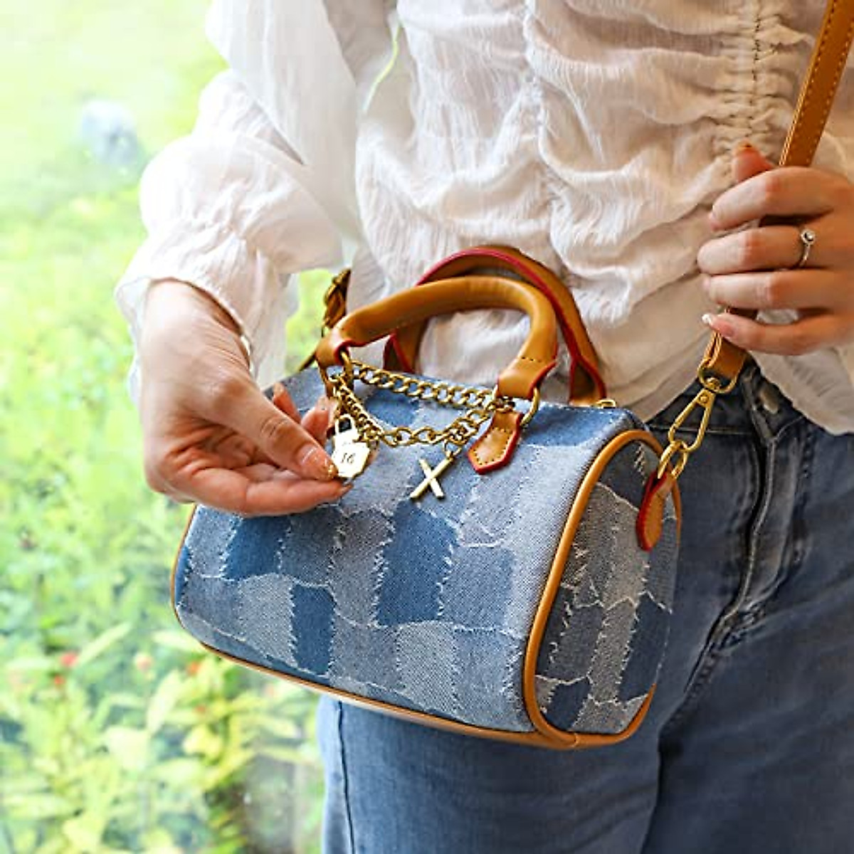 Mini Small Denim Purse Jean Purse Boston Barrel Bags Quilted Checkered Purse Top Handle Canvas Tote Bag Crossbody bags Satchel Handbag for Women,Blue