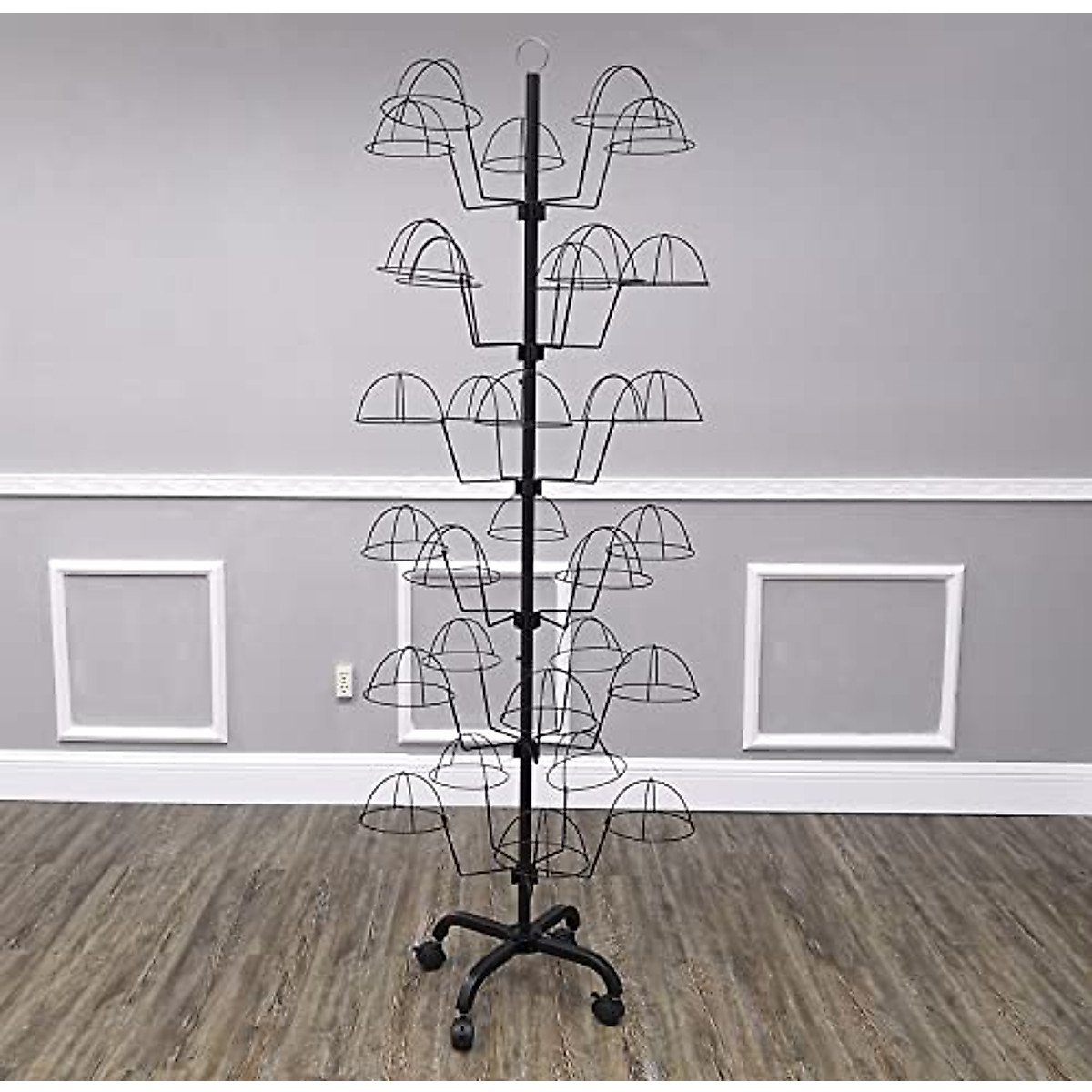 FixtureDisplays 6-Tier Hat Display Rack Free Standing Headwear Wig Rack Metal Floor Rack for Caps, Fits 30 Hats, 22" X 22" X 66" 18164-BLACK