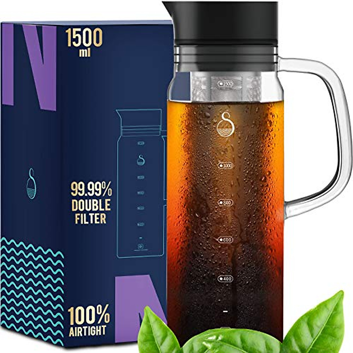 SAMBANGAN Cold Brew Coffee Maker Iced Coffee Maker Ice Tea Maker Glass Airtight - 1.5L/51oz