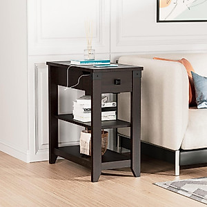 Set of 2 Narrow End Tables, Flip Top Side Tables with Charging Station, Farmhouse Nightstands with Storage for Small Spaces, Sofa Bedside Tables for Living Room and Bedroom, Espresso