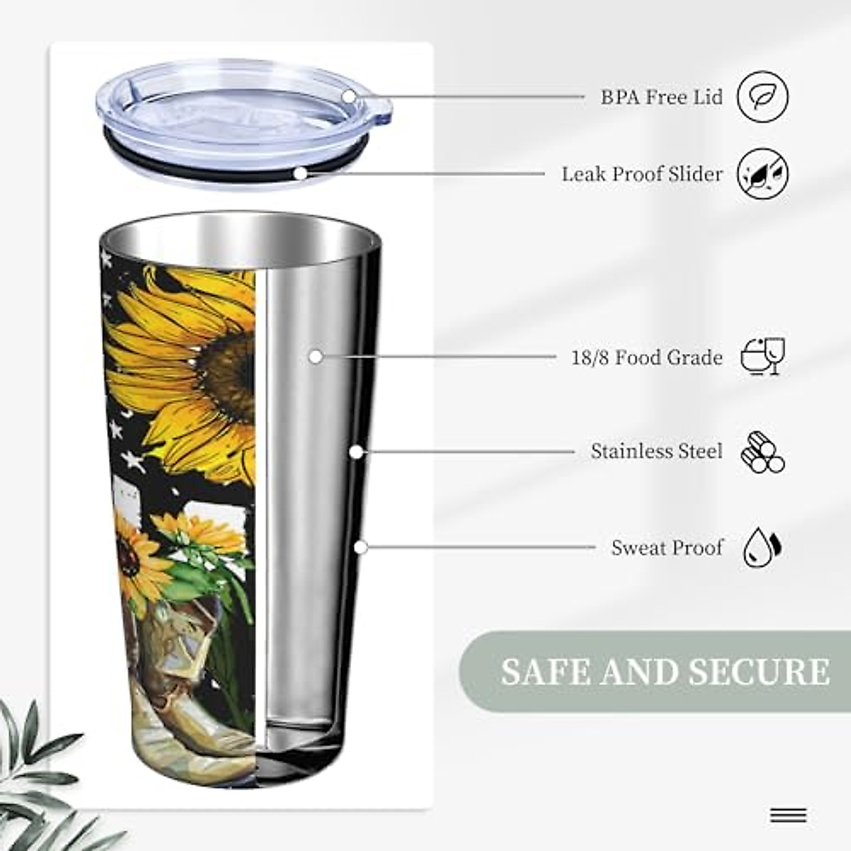 VKKOEWL Sunflower Boots America Flag Stainless Steel Insulated Tumbler 20 Oz Travel Water Bottle Coffee Mug Drink Cup With Lid Straw