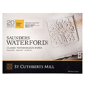 St. Cuthberts Mill Saunders Waterford Watercolor Paper Block - 16x12-inch White 100% Cotton Watercolor Paper - 20 Sheets of 140lb Rough Watercolor Paper for Gouache Ink Acrylic Charcoal and More