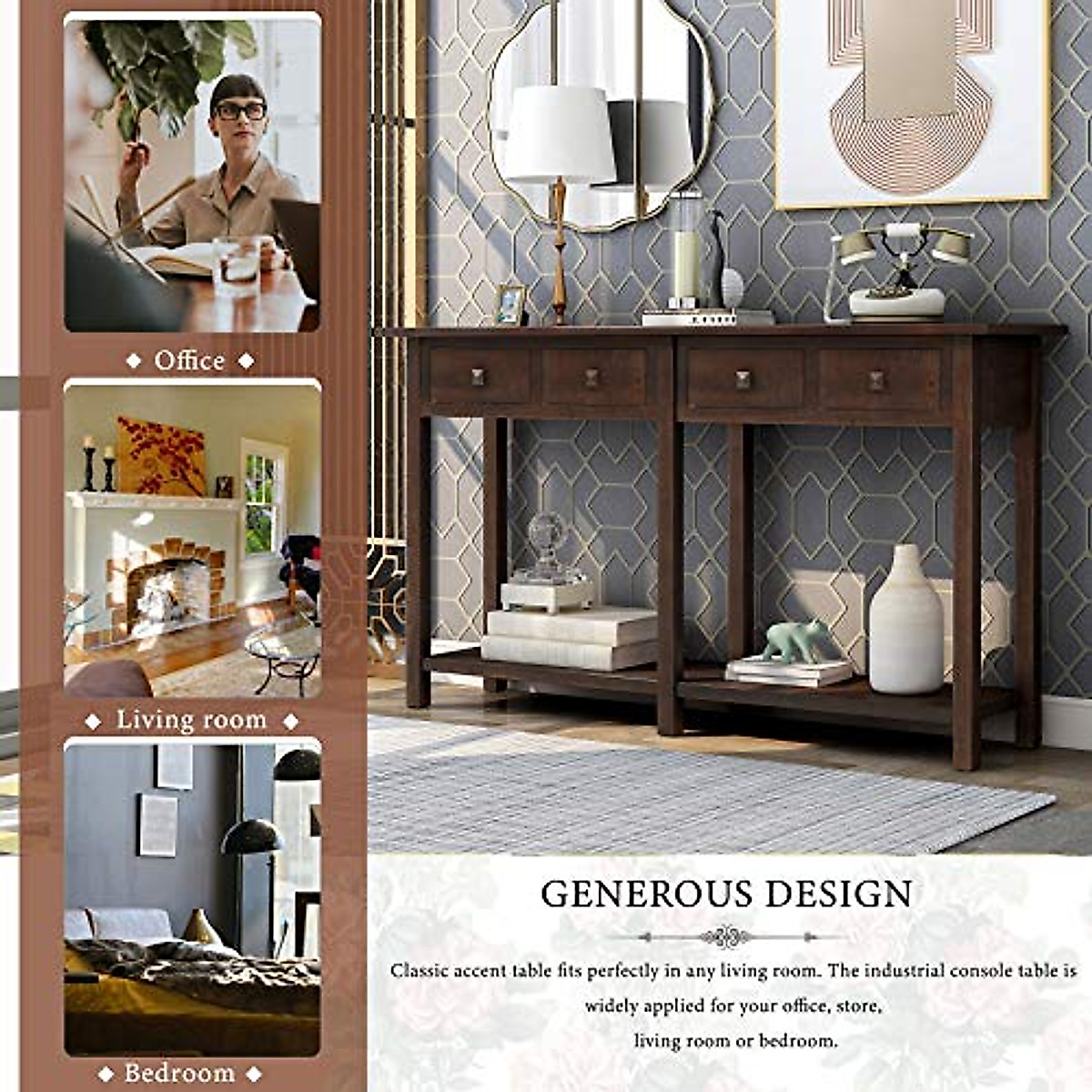 P PURLOVE Retro Console Table Sofa Table for Entryway with Drawers and Shelf Living Room Sideboard (Dark Espresso)