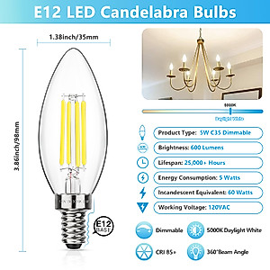 MAXvolador Dimmable E12 LED Candelabra Bulbs 60W Equivalent, Daylight White 5000K, 600LM Chandelier Light Bulb, B11 LED Candle Light Bulbs, 12 Pack