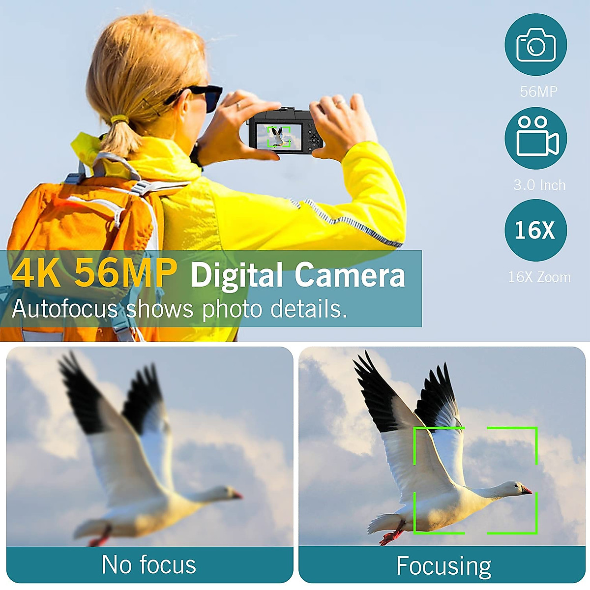 Digital Camera, NIKICAM 4K 56MP Vlogging Cameras for Photography YouTube with Manualfocus, 16X Digital Zoom(Include 32GB TF Card & 2 Rechargeable Batteries) -Black