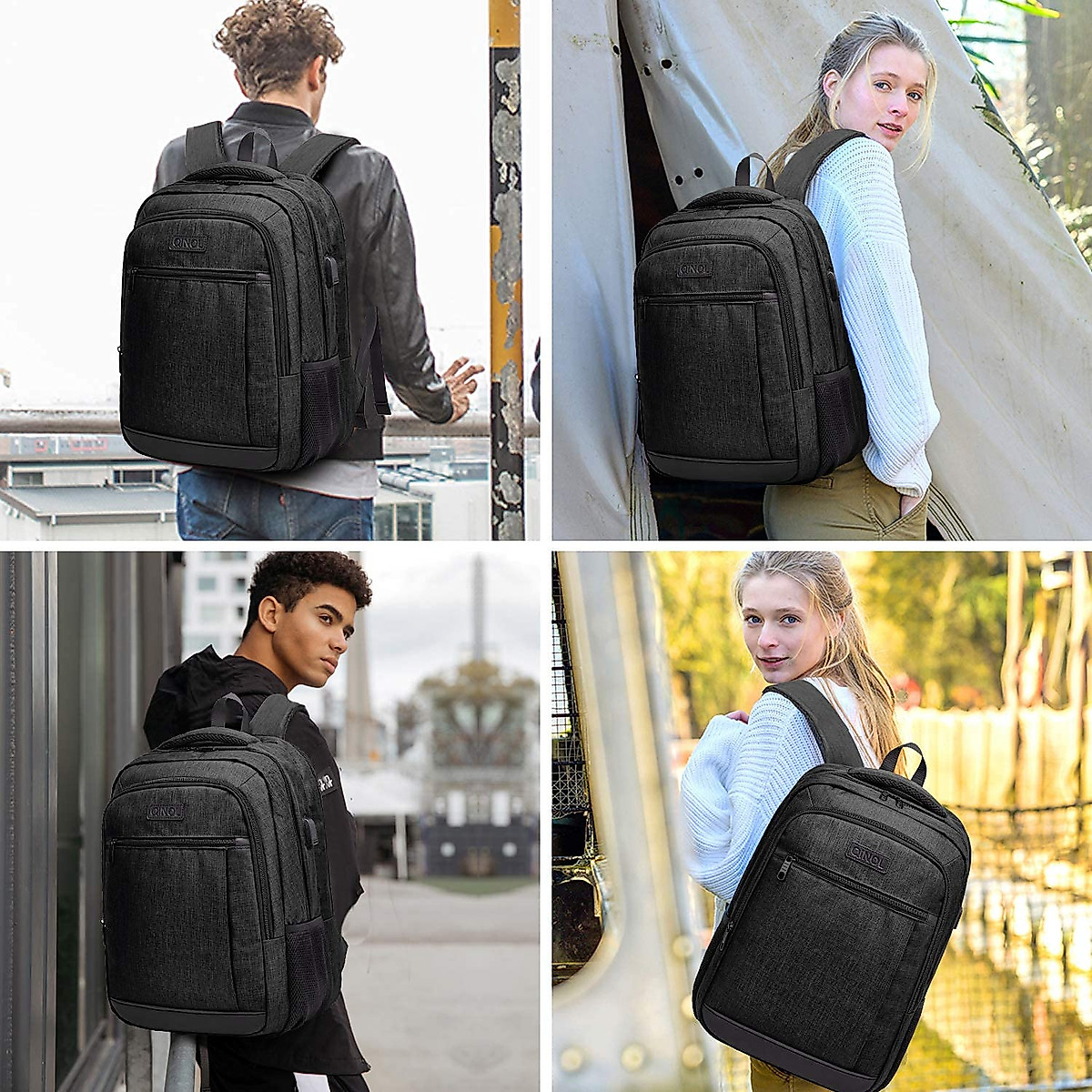 QINOL Travel Laptop Backpack Anti-Theft Work Bookbags With USB Charging Port, Water Resistant 15.6 Inch College Computer Bag for Men Women (Black)