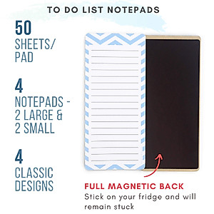 Magnetic Notepads in Large and Small Sizes for Fridge (4 Pack); Grocery Shopping List Pad, To-Do List, Reminders, Memo and Scratch Pad - Cute Modern Designs | Full Magnet Back | 50 Sheets per Note Pad