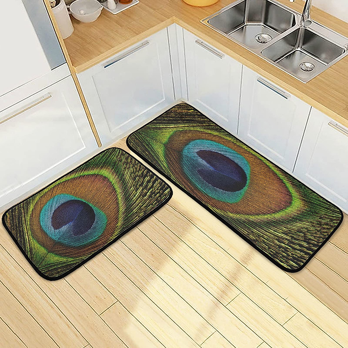 ALAZA Beautiful Peacock Feather 2 Piece Kitchen Rug Floor Mat Set Runner Rugs Non-Slip for Kitchen Laundry Office 20" x 28" + 20" x 48"