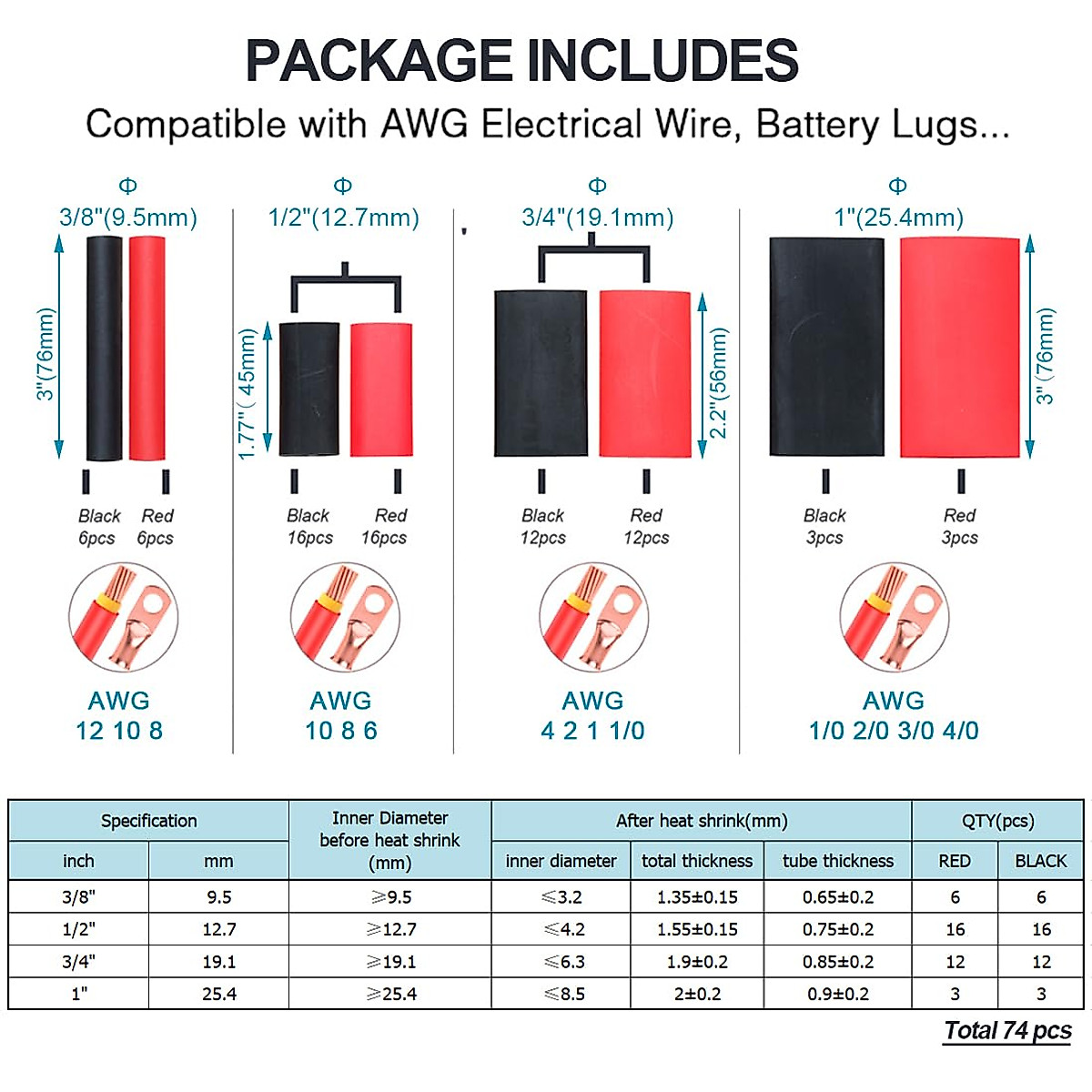 RockDIG 74PCS 1 3/4 1/2 3/8 Inch 3:1 Heat Shrink Tubing Assortment Kit Double-Wall Adhesive Lined Marine Grade Industrial Heat-Shrink Wrap Wire Tubing Black Red