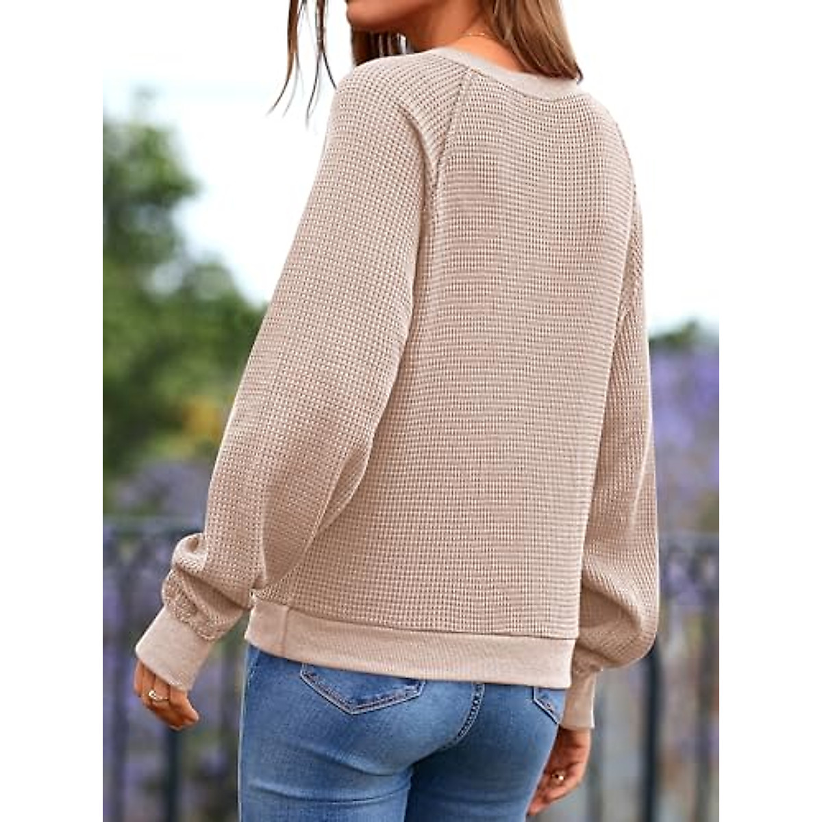 PRETTYGARDEN Womens 2023 Batwing Long Sleeve v Neck Sweater Drop Shoulder Button Waffle Knit Pullover Winter Slouchy Henley Tops (Beige, Medium)