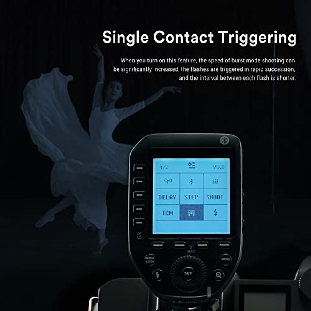 Godox XProII-S Wireless Flash Trigger for Sony Cameras, 2.4G TTL Wireless Flash Transmitter HSS 1/8000S, TCM Transform Function, Bluetooth Connection, New Hotshoe Locking, Large LCD Display