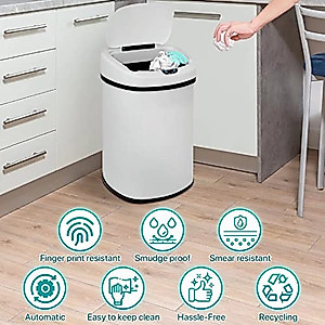 NiamVelo 13 Gallon Kitchen Trash Can Bathroom Trash Can Automatic Sensor Stainless Steel Trash Can Garbage Can with Lid by 4xC Batteries for Kitchen, Bathroom,Rest Room,Office, White