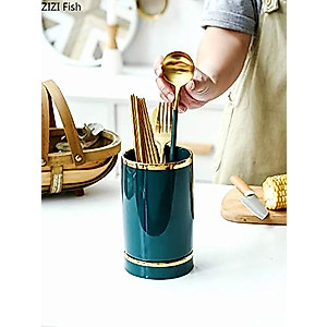 ZSQAI Ceramic Green Chopsticks Canister Ceramic Household Kitchen Utensils Cutlery Chopsticks Drain Basket Storage Rack