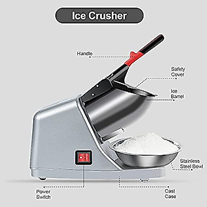 Electric Shaved Ice Machine 380W - 1500r/min Stainless Steel Three Blade Ice Crusher Snow Cone Machine Ice Shaver for Home and Commercial(Silver)