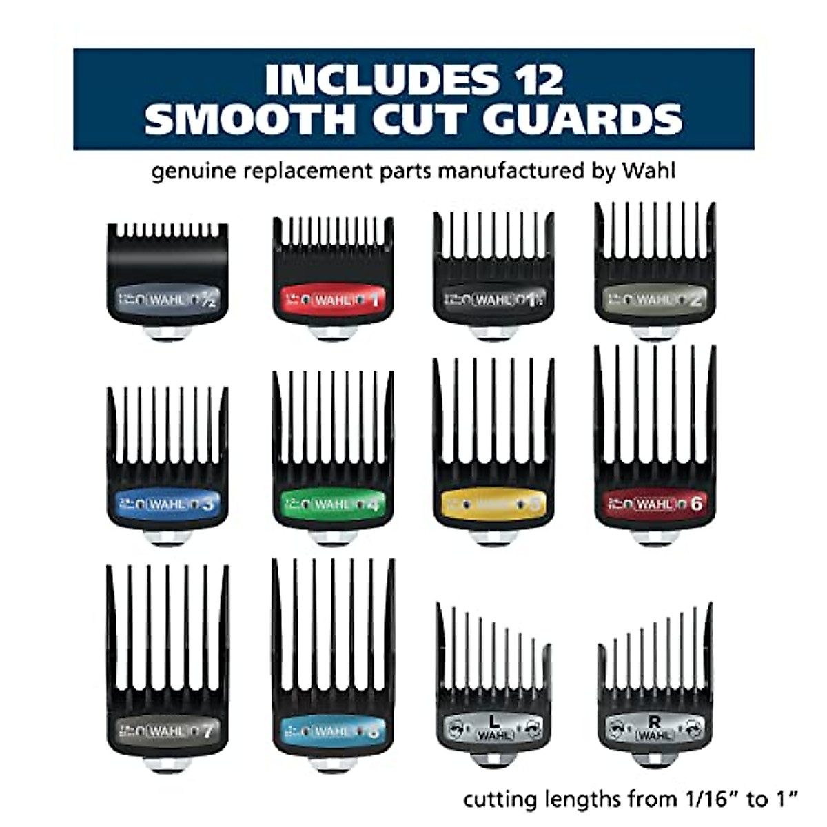 Wahl Genuine Elite Guide Comb Set with Colored Metal Clips and Hair Clipper Guard Organization Caddy, 12 Full Size Attachment Guards from 1/16” to 1” for Increased Cutting Performance - 3291-300