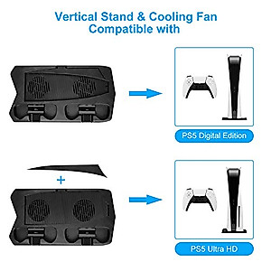 PS5 Charging Station with Cooling Fan, DualSense Controller Vertical Stand Dock for PS5 Console and Digital Edition, 3 USB Ports Retractable 14 Game Slots Storage Bracket for PlayStation 5 Accessories
