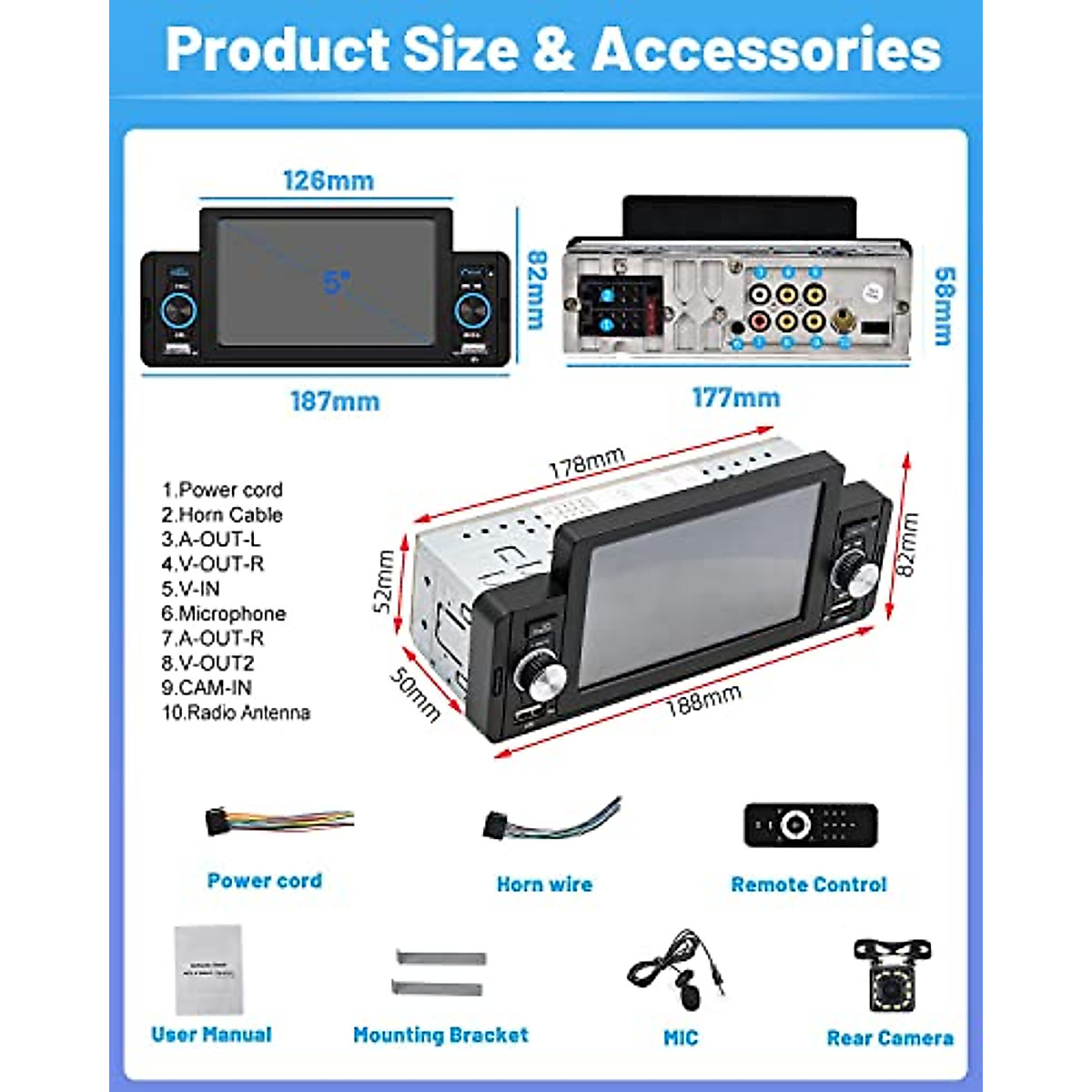 5'' Single Din Apple Carplay Car Stereo with Android Auto, Hikity HD Touch Screen Car Radio Bluetooth 5.1, Mirror Link, FM, Siri, SWC, Dual USB Input, Car Audio with Mic, Remote Control, Backup Cam