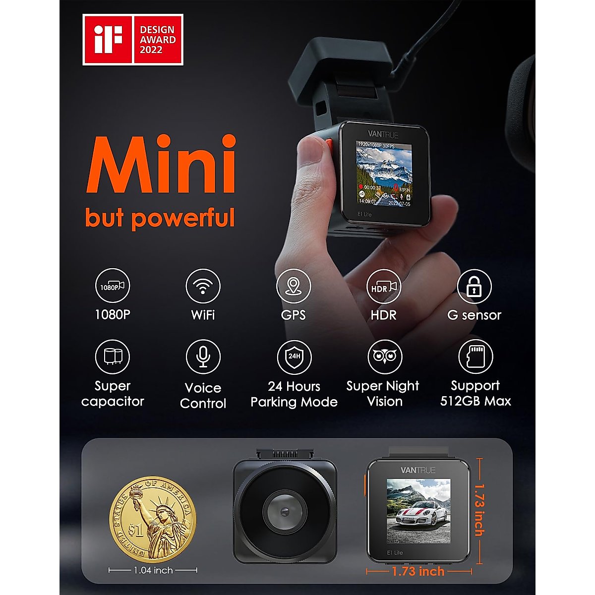 【Bundle: Vantrue E1 Lite 1080P WiFi Mini Dash Cam + Type C USB Hardwire Kit】Vantrue E1 Lite 1080P WiFi Mini Dash Cam with GPS and Speed, Free App, Voice Control Detachable Dash Camera,24H Parking Mode