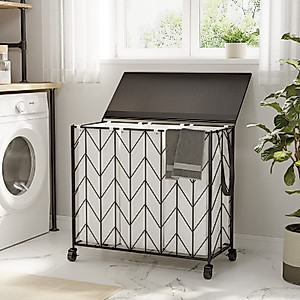 WOWLIVE Laundry Basket with Wheels, 142L Laundry Hamper 3 Section with Lid, Dirty Clothes Hamper with Removable Bags, Large Capacity Iron-Made Laundry Basket Organizer Laundry Sorter for Dorm, Beige