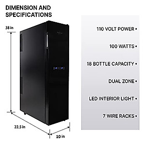 Koolatron 18 Bottle Slim Dual Zone Wine Cooler, Black Thermoelectric Wine Fridge, 1.9 cu. Ft (53L) Freestanding Wine Cellar, Red, White, Sparkling Wine Storage for Home Bar, Kitchen, Apartment, Condo