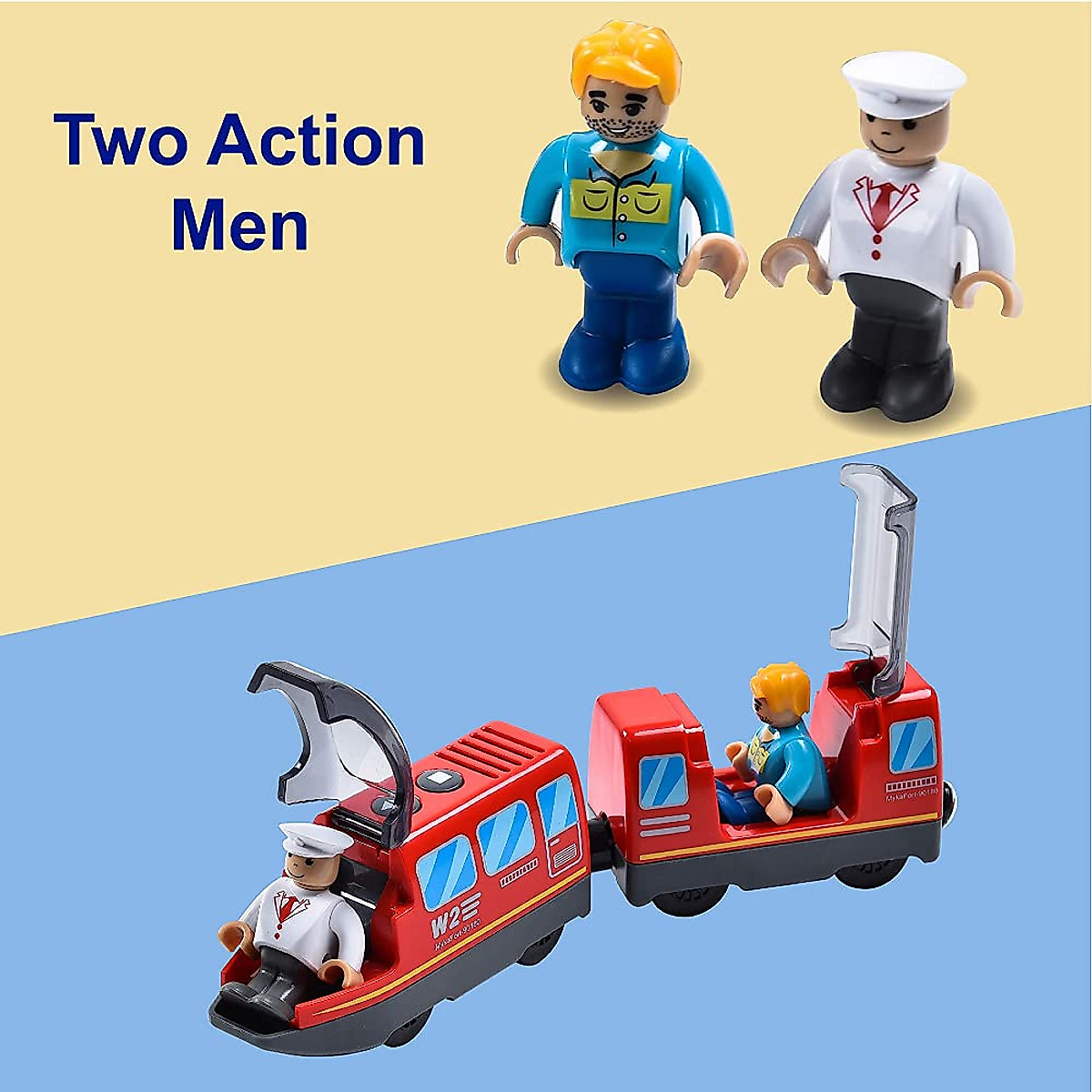 Battery Operated Train Set for Wooden Train Track (w/Sound & Magnetic Connection), Powerful Engine Red Action Locomotive Train Set Compatible with Thomas, Brio, Chuggington - Train Toys for Toddlers