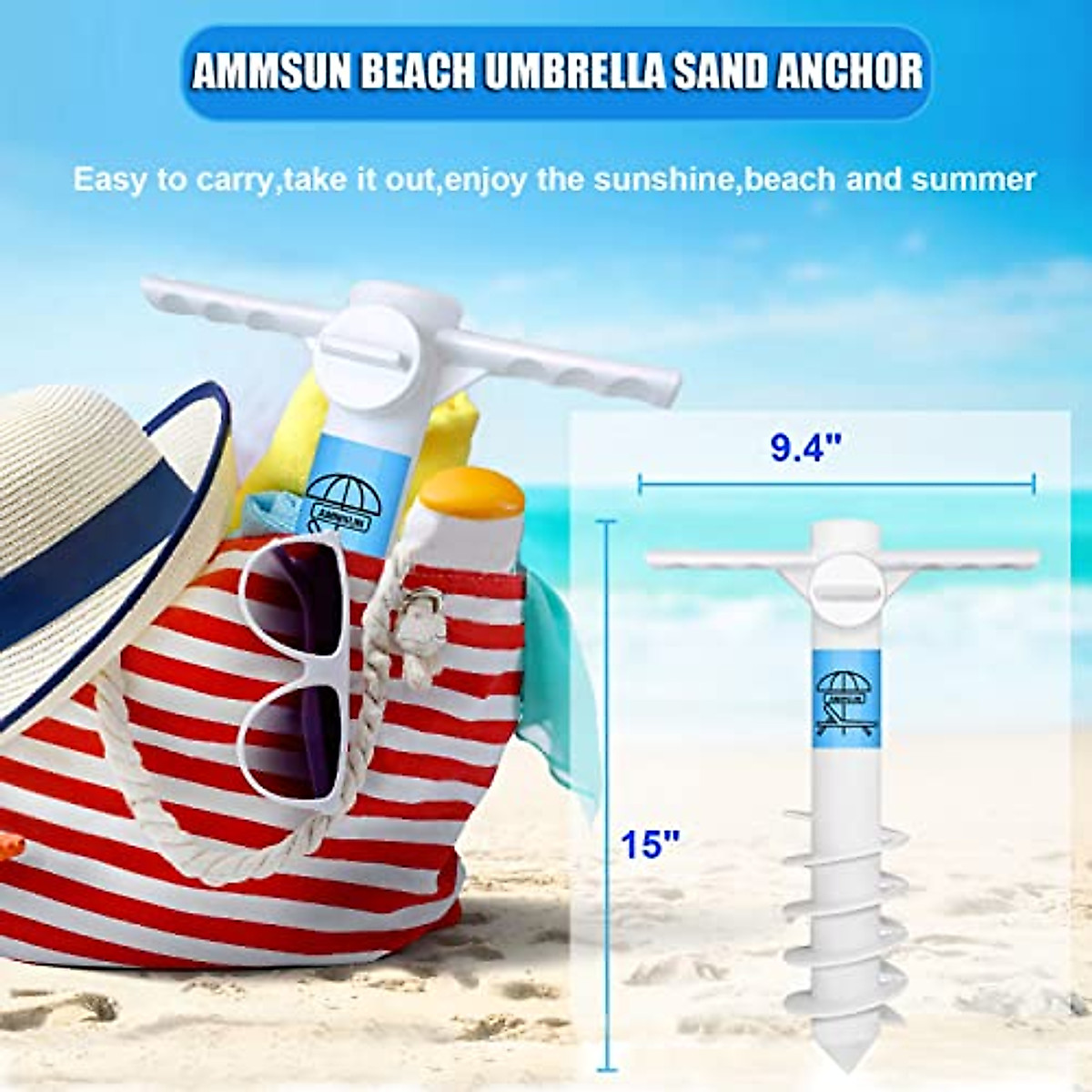 AMMSUN Beach Umbrella Sand Anchor Heavy Duty, Outdoor Umbrella Base with 5 Spiral Screw, Universa & One Size Fits All Beach Umbrella, Safe Umbrella Holder Stand Ideal for Strong Winds White