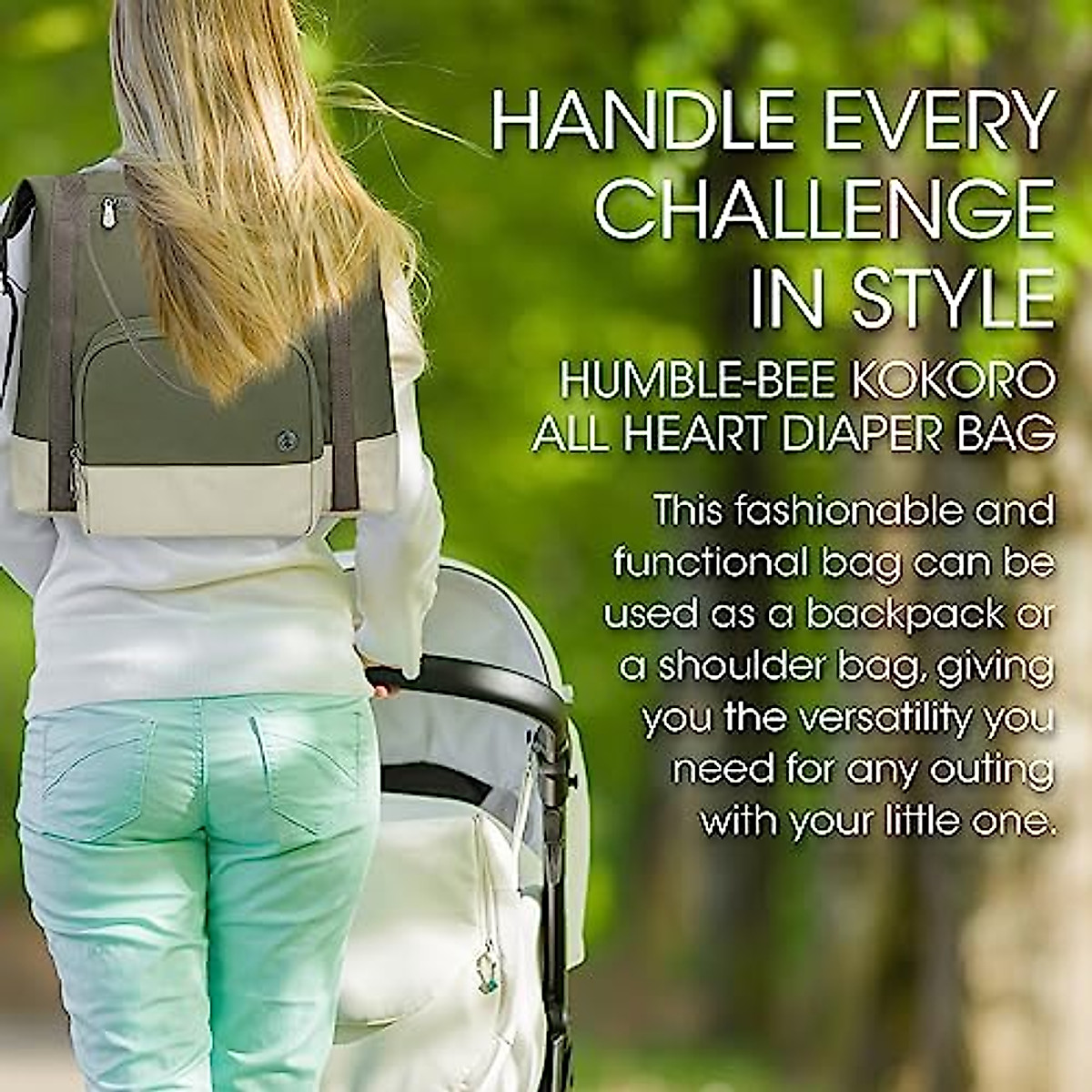 Humble Bee Kokoro All Heart Convertible Diaper Bag for Men & Women: Converts from Backpack to Tote, Spacious Compartments, Multiple Pockets, Removable Accessories & Stroller Strap Design (Olive Dusk)