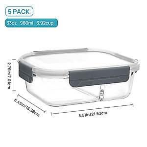Vtopmart 5Pack 33oz Glass Food Storage Containers with Lids, Meal Prep Containers 2 Compartments, Airtight Lunch Containers Bento Boxes with Snap Locking Lids for Microwave, Oven, Freezer