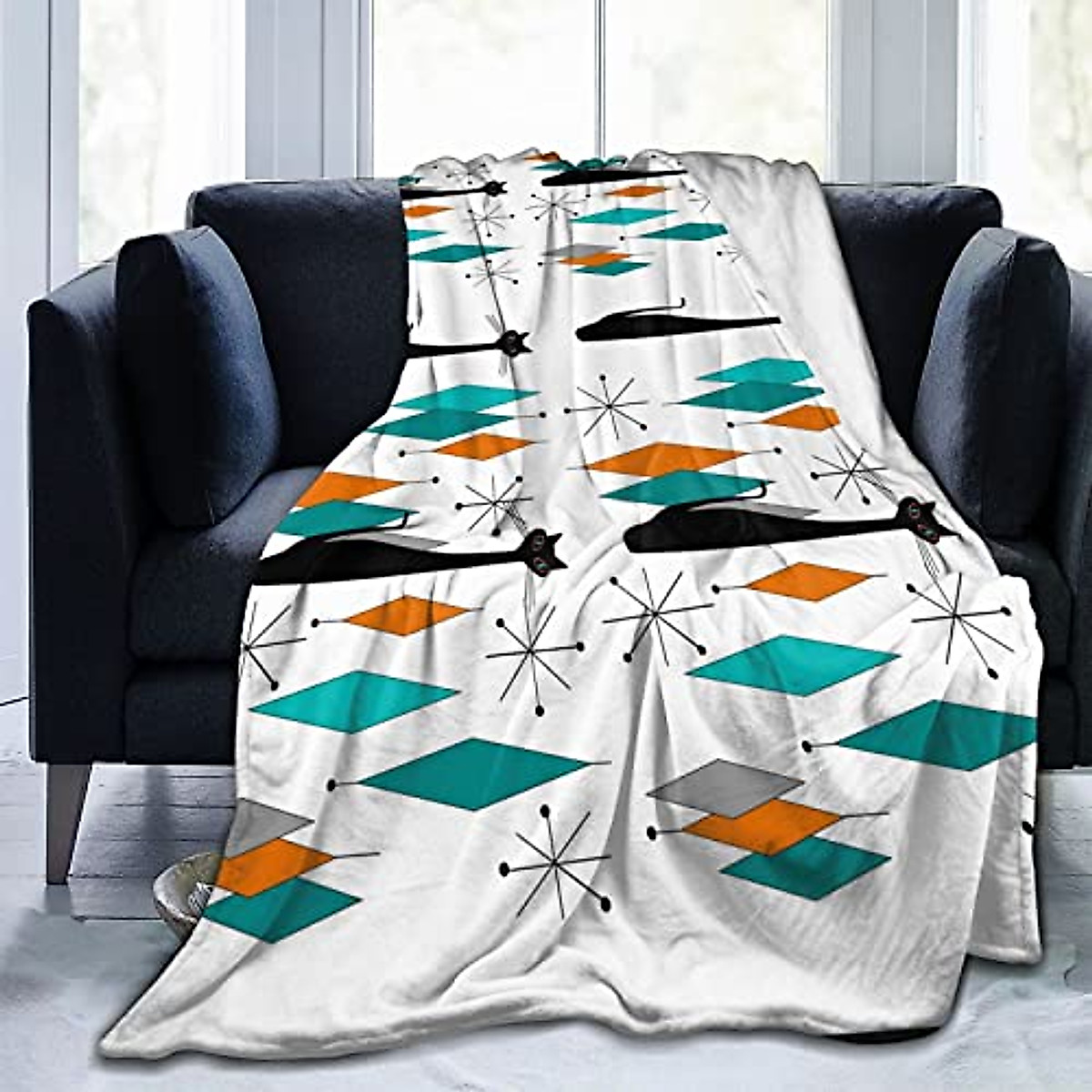Mid Century Modern with Black Cat Flannel Blanket Soft Cozy Lightweight Throw Blanket Gifts for Couch Sofa Bed Living Room Travel Home Decor 50x40in