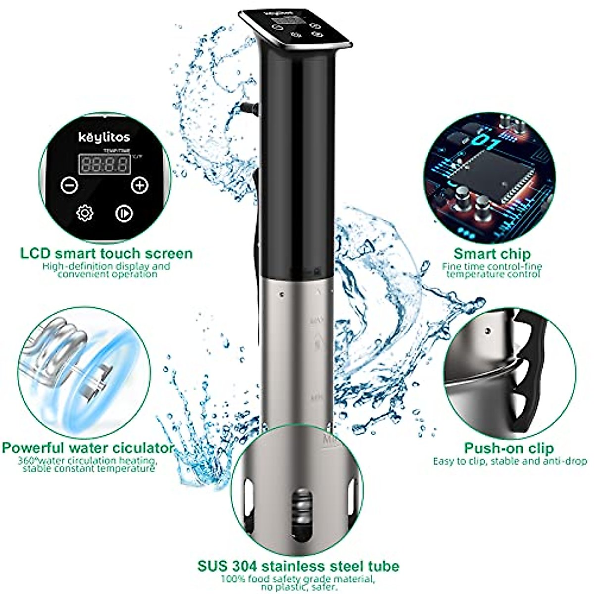 Keylitos Sous Vide Cooker Machine 1100W, IPX7 Waterproof Sous Vide Precision Cooker, Ultra-quiet Fast-Heating Immersion Circulator Precise Cooker with Accurate Temperature and Timer Control