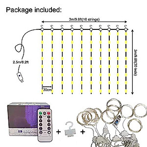GUOCHENG Copper String Curtain Lights 3m x 3m LED Curtain Fairy Lights USB Powered Window Light Strings with Remote for Home Bedroom Party Wedding, Indoor Outdoor Decorations-Warm White