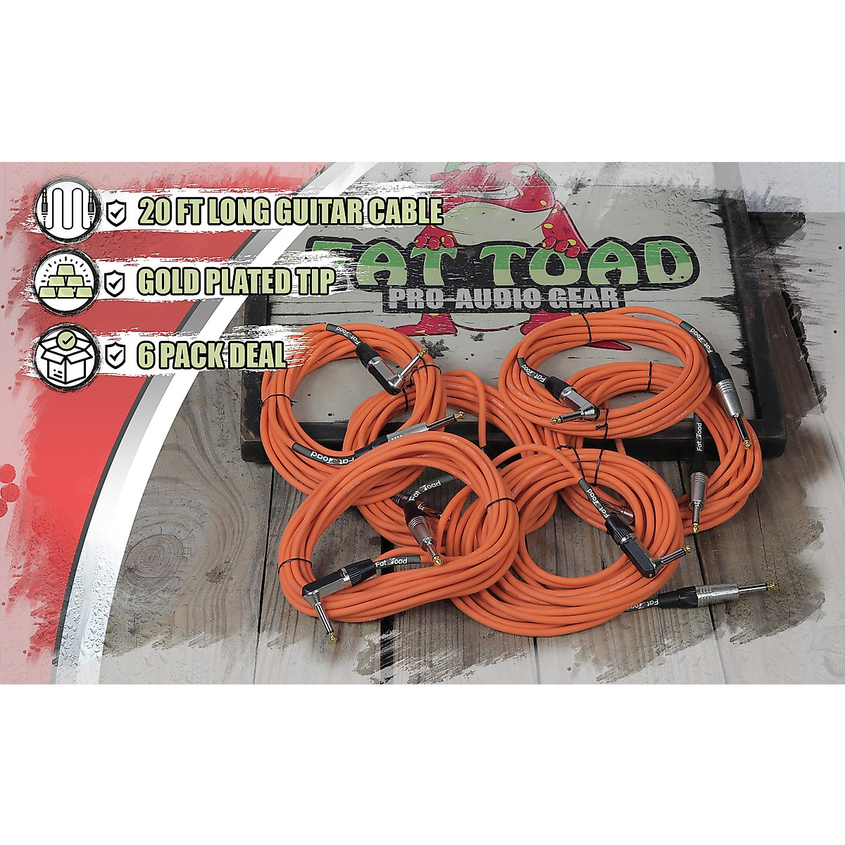 Fat Toad Guitar Cables (6 Pack) Right Angled Instrument Cord 20FT 1/4 Quarter Inch Straight-End 20 GA Wires