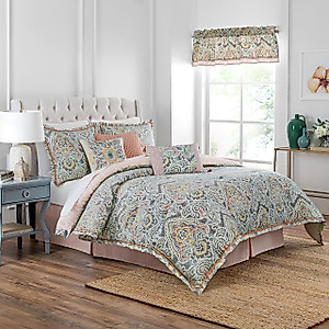 Waverly Artisanal Modern Farmhouse Damask 4 Piece Reversible Comforter Set, All Season Bedding, Includes One Comforter, One Bed Skirt and Two Pillow Shams, Machine Washable Full/Queen Bed Set, Mineral