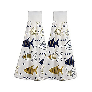 Kitchen Towel-Cute Doodle Colorful Fish-Hand Towels Tie Towel Soft Microfiber Absorbent Washcloth Also for Bathroom Hand Sink Laundry Room RV Tabletop 2pcs