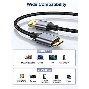 USB Micro B External Hard Drive Cable 1.5FT, Micro B USB 3.0 Cable USB A to Micro B Cord Compatible with Samsung Galaxy S5/Note 3, Seagate Hard Drive, Camera