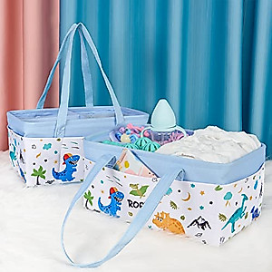 WERNNSAI Dinosaur Diaper Caddy - Collapsible Nursery Organizer for Boy Infant Baby Shower Gifts Large Blue Storage Basket for Changing Table Car Travel Living Room Newborn Essentials Must Have Dots