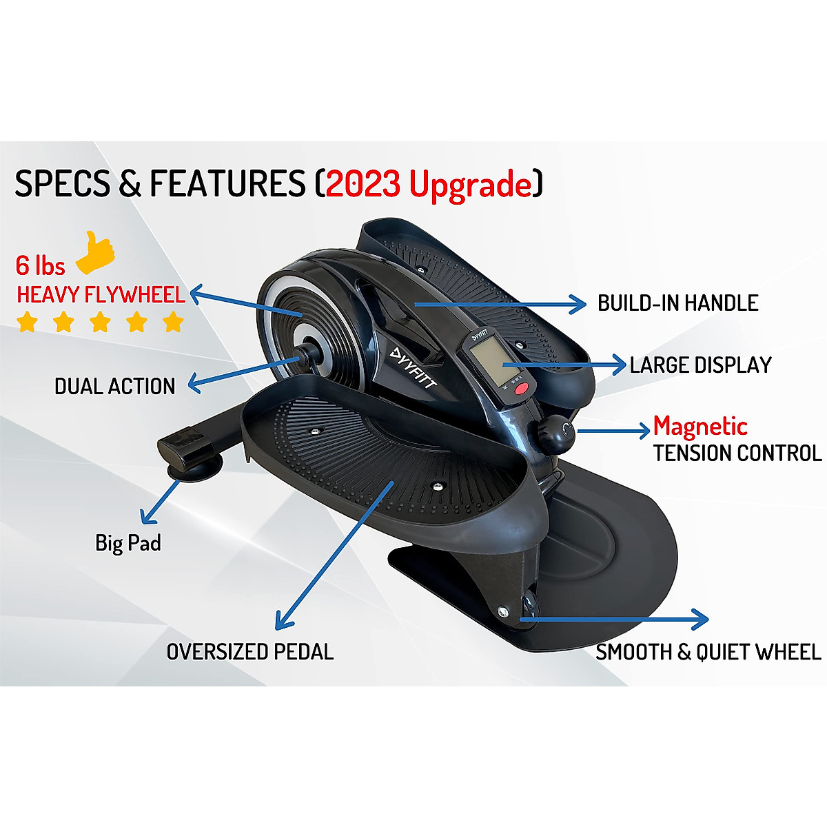 YYFITT Under Desk Elliptical Machine for Home Office, 2-in-1 Seated Standing Mini Elliptical with Silent Magnetic Resistance, Portable Eliptical with Big Display and Oversized Pedals