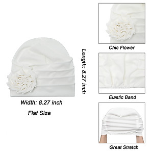 ZLYC Women Turban Beanie Hat with Flower Chemo Headwear Elastic Head Wrap Cap (Floral White)