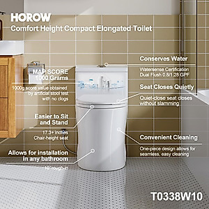 HOROW T0338W One Piece Toilet 10" Rough-in, Elongated Toilet with Comfortable Seat Height, ADA Chair Height 17.3", Dual Flush 0.8/1.28 GPF & MAP 1000g, Standard White Toilet Bowl, Space Saver Design