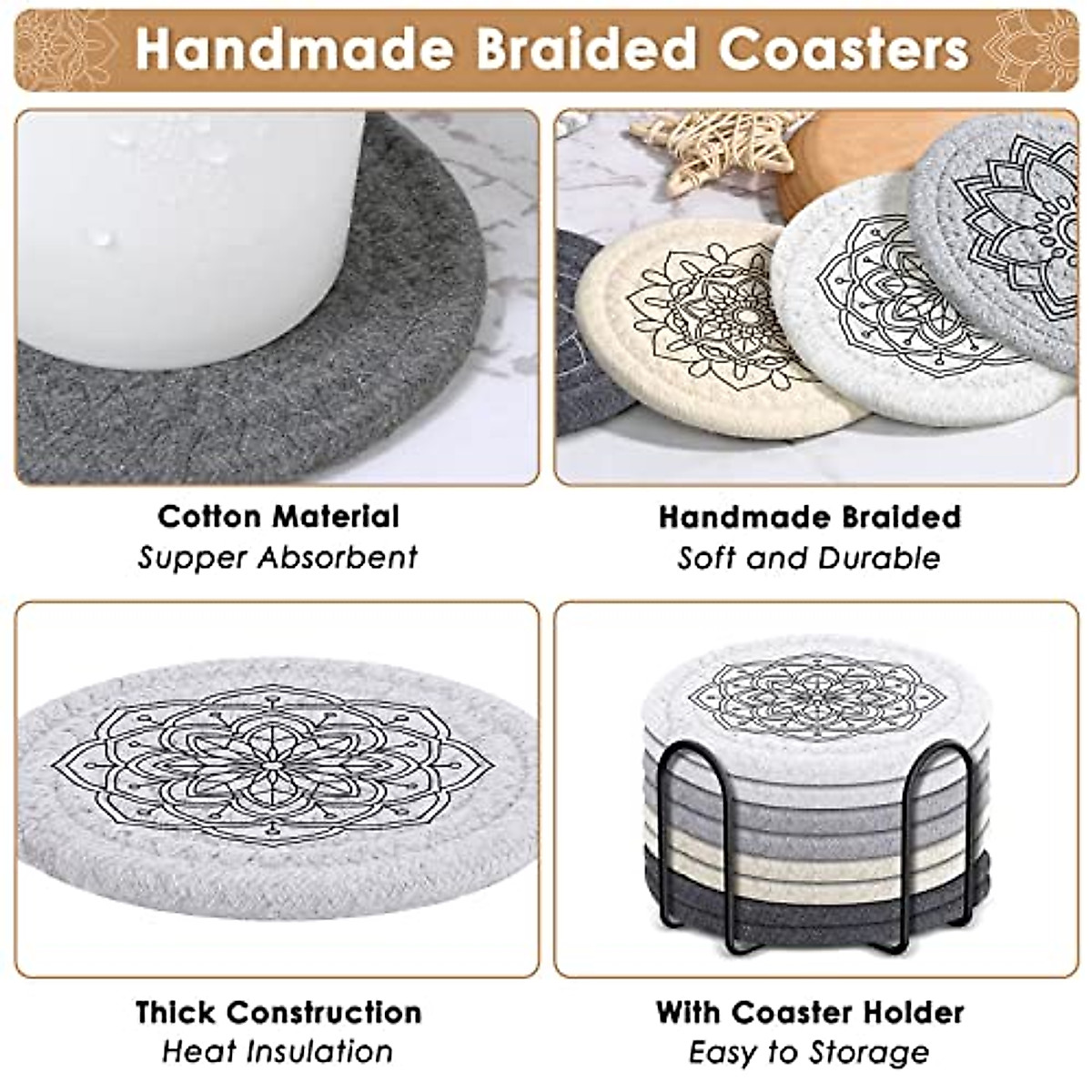 8 Pieces Coasters for Drink Absorbent, Billbotk Mandala Drink Coasters with Holder, Woven Coasters Set for Coffee Table, Wooden Table and Home Decor, 4.3 Inches