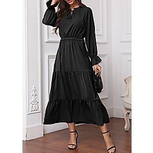 KIRUNDO Women's 2023 Fall Long Sleeve Tie Crew Neck Maxi Dress Casual Empire Waist Boho Ruffle Flowy Long Dresses(Black, Medium)