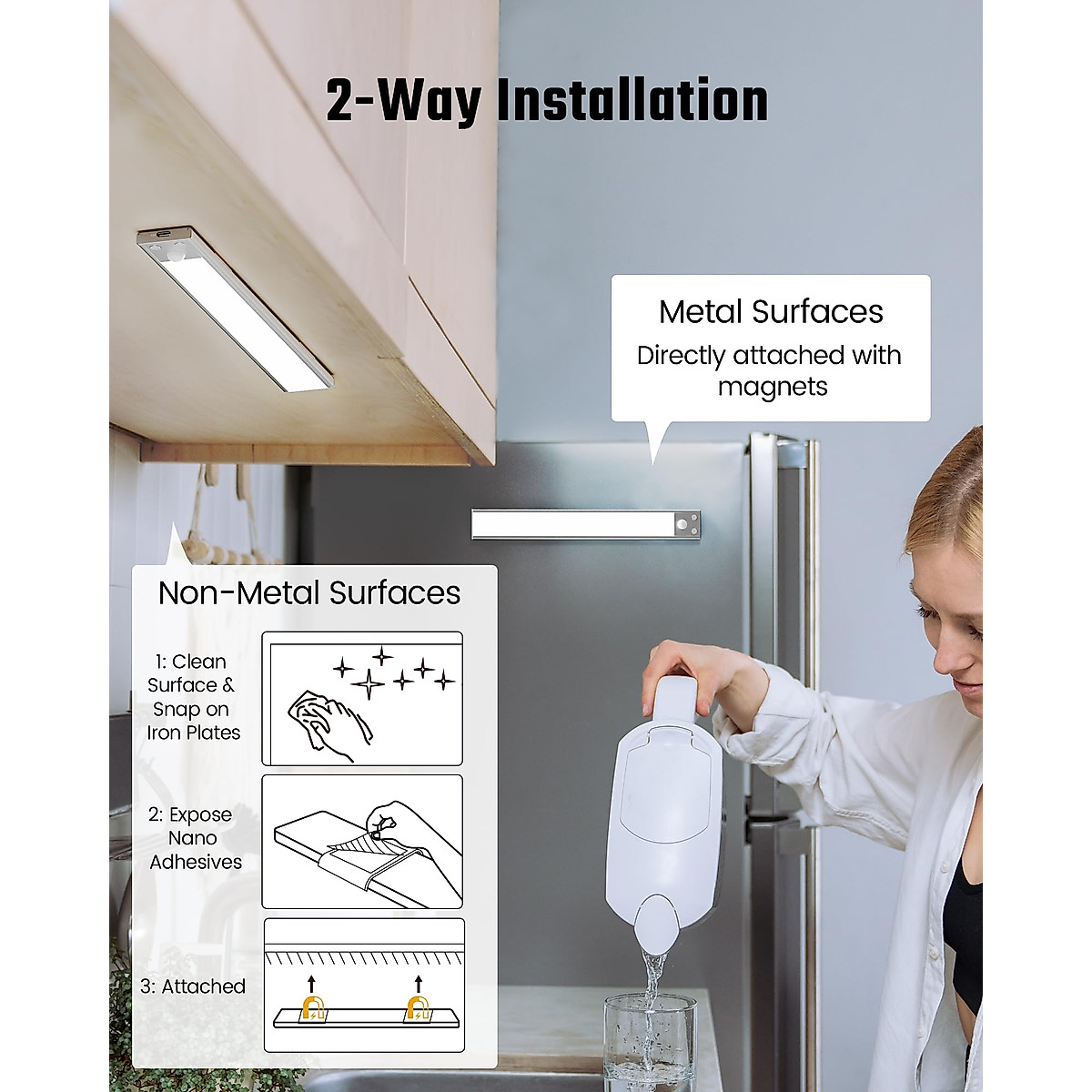 SUPERDANNY 47 LED USB-C Rechargeable Motion Sensor Under Cabinet Lights, 12" Closet Lights, 6000K Dimmable Under Counter Lights for Kitchen Wardrobe Stair, 2 Pack